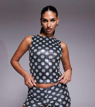 KAIIA Exklusives, ärmelloses Pailletten-Oberteil in Schwarz-Weiß mit Polka Dots und U-Boot-Ausschnitt, Kombiteil-Bunt