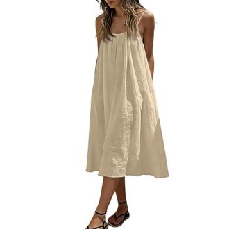 Generic Robes de vacances pour femmes, robe d&eacute;t&eacute; mi-longue, style boh&egrave;me, robe de tous les jours en m&eacute;lange de coton doux avec poches, robe d&eacute;t&eacute; fluide sans m