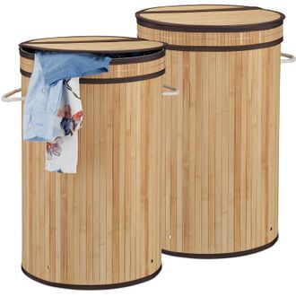 Relaxdays Panier &agrave; linge bambou, lot de 2, pliable, Corbeille &agrave; linge ronde, 65 L, Sac &agrave; linge, &Oslash; 40 cm, nature