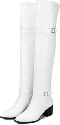 Generic Blanc,34 EU,Bottes Cuissardes pour Femmes, Talon Bas épais, Bottes au-Dessus du Genou, Cuir PU, Bout Rond, Chaussures habillées Confortables avec Bouc