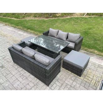 Fimous 8-Sitzer Wicker Polyrattan Sofa Gartenm&ouml;bel Set Outdoor Einstellbare Steigende Hebende Esstisch Set mit 2 gro&szlig;en Fu&szlig;hockern Dunkelgrau gemischt