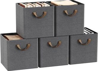 Woltu Lot de 5 Cubes de Rangement Pliables, Boîtes de Rangement en Tissu, avec Poignée et Cadre en Métal, Gris, 29,5x29,5x28,5cm