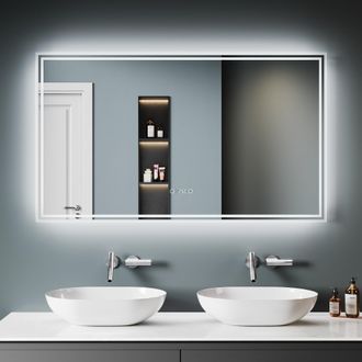 Sonni Badspiegel mit Beleuchtung 120x70 cm, 3 einstellbare Lichtfarben, Anti-Beschlag LED Badezimmerspiegel, LED Spiegel mit 5.0 Bluetooth und Uhr zeig, Wan