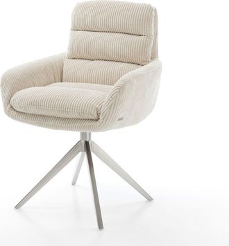 DELIFE Drehstuhl Abelia-Flex mit Armlehnen Cord Beige Kreuzgestell breit Edelstahl 360&deg; drehbar Wippfunktion, Esszimmerst&uuml;hle