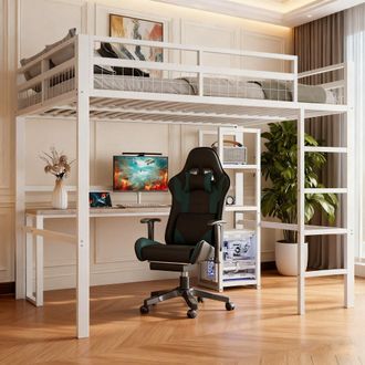 Generic Hochbett 140x200 cm in Schwarz | Eisenrahmen mit Einlegeböden & Schreibtisch | Steckdose+USB-C & Sicherheitsgeländer | Mit Trittleiter ohne Matratze (