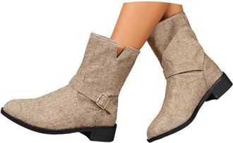 Generic Bottes de cowboy pour femme - Bottes mi-mollet plates pour femme - Coupe large - En daim - Bottes mi-mollet à enfiler avec boucle - Confortables - Cha
