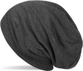 styleBREAKER Beanie Mütze mit Strass Sterne und All Over Strasssteine, Slouch Longbeanie, Damen 04024116, Farbe:Dunkelgrau meliert