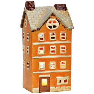 Matches 21 Windlicht Nostalgie Dekohaus aus Steingut als Weihnachtsdeko - Orange Lichthaus 11 x 22 cm Kerzenhalter für Weihnachten & Herbst - Lichterhaus Teelich
