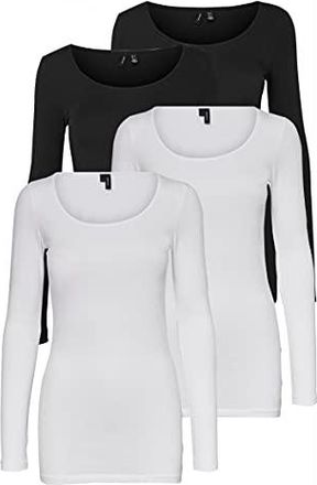 Vero Moda Lot de 4 t-Shirts pour Femme - À Manches Longues, Blanc/Noir (2 x Blanc Brillant/2 x Noir), XL