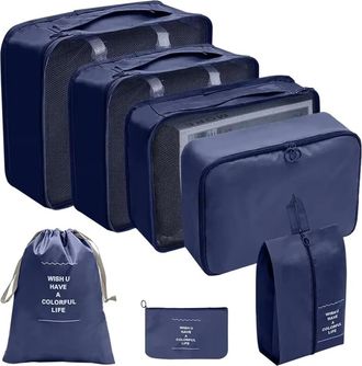 Generic 7-teiliges Reise-Aufbewahrungstaschen-Set, Koffer-Packw&uuml;rfel, Handgep&auml;ck, Kleider- und Schuh-Organizer-Taschen, faltbar(7 Pieces Navy Blue)