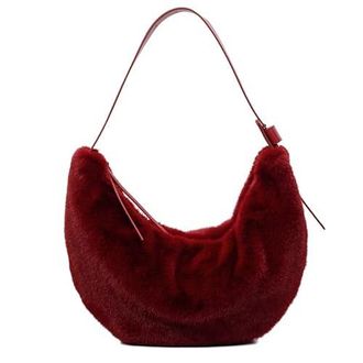 Generic Sac &agrave; main en forme de croissant en peluche pour femme - Automne et hiver - Grande capacit&eacute; - Pour voyage, shopping, usage quotidien, rouge vin, 13*7.
