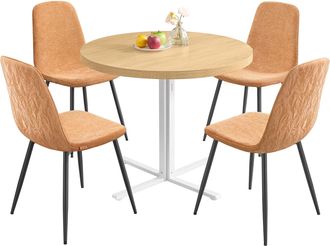 Vasagle Runder Tisch mit 4 Esszimmerst&uuml;hlen, Essgruppe, Stahlgestell, einfacher Aufbau, goldeichenfarben-karamellbraun KDT184Y03