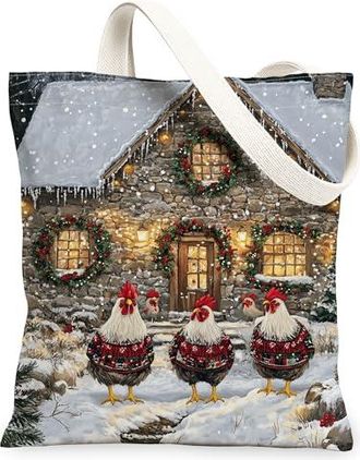 Generic Sac fourre-tout vintage festif en toile, motif poules mignonnes dhiver, sac d&eacute;picerie r&eacute;utilisable, l&eacute;ger et lavable, bandouli&egrave;re pour vacances, voyag