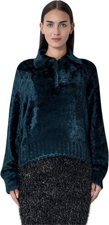 Lacoste Femme, Pulls, Bleu, Taille: 38 FR Runway Polo Collar Velour Sweater