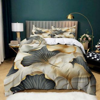 Generic Bettw&auml;sche 3 Teilig f&uuml;r Erwachsene Kinder 155 x 220 cm, Ginkgo Hinterl&auml;sst Goldene Textur Kuschelig Atmungsaktive Bettbezug - Weich Mikrofaser Bettw&auml;s
