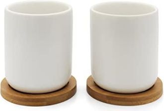 Bredemeijer weiße Keramik Teebecher 2-teilig mit Untersetzer aus Holz