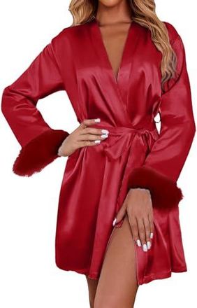 Generic Robe de nuit pour femme avec plumes - Maquillage de mariage, demoiselle dhonneur, groupe de mariage, Rouge, XXL