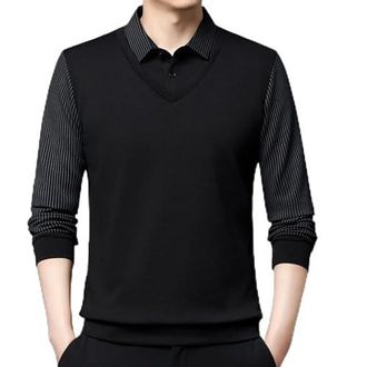 Generic Chemise en tricot &agrave; manches longues pour homme avec revers ray&eacute;, Noir, XXL