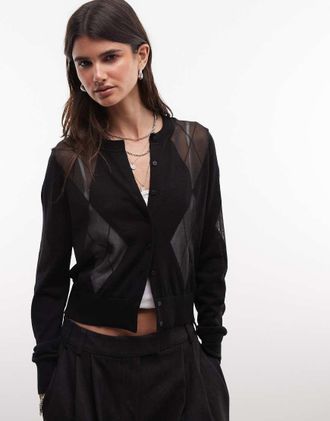 AllSaints Bern Argyle-Mesh-Strickjacke aus Merinowolle in Schwarz