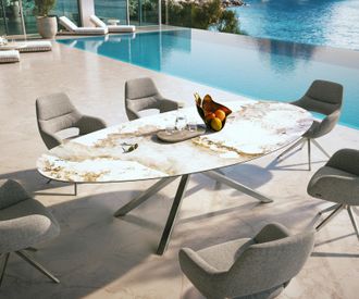 DELIFE Outdoortisch Edge Oval 280x130 cm Keramik Minas Melange Wei&szlig;-Beige Kreuzgestell Rechteck Edelstahl, Esstische