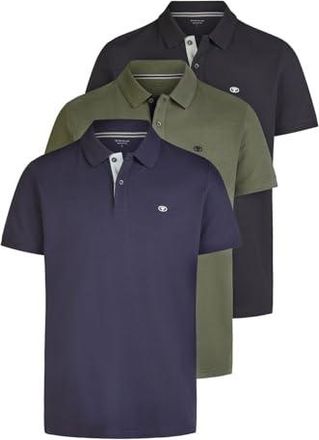 Tom Tailor Lot de 3 polos à manches courtes en coton pour homme - Coupe droite - Pour lété - Basiques - Couleur unie - Blanc, bleu, noir, olive, gris - Tailles S
