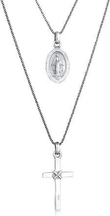 Kuzzoi Zweireihige, silberfarbene Festival-Halskette für Herren, aus 925er-Sterlingsilber mit Kreuz- und Maria-Anhänger