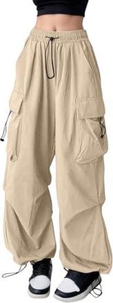 Generic Pantalon cargo ample pour femme - Pantalon cargo de parachute - Cordon de serrage - Taille haute - Pantalon ample d&eacute;contract&eacute; pour femme - Jambe large