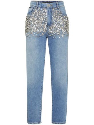 Philipp Plein jean cigarette &agrave; ornements en cristal - Bleu