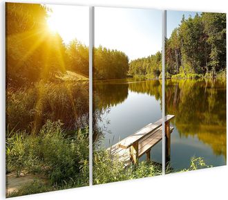 Islandburner Leinwandbild Sonnenuntergang am Waldsee mit Steg und reflektierendem Wasser - Leinwand 130x80cm - 3 Teile
