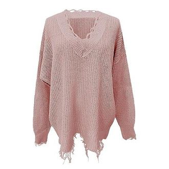 Generic Fccrian Pull pour femme - Col en V - Manches longues creuses - Couleur unie - Pull ample et léger - Pull en tricot décontracté pour femme, rose, 3XL