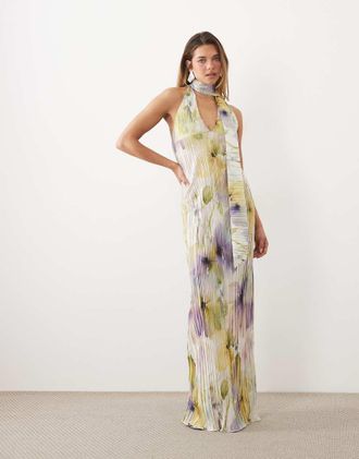 Asos robe longue pliss&eacute;e imprim&eacute;e avec d&eacute;tail &eacute;charpe, fleurie violette-Multi