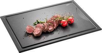 GEFU Schneidebrett SLIZE - Großes Küchenbrett mit Saftrille | Nachhaltiger Holzverbundstoff | Beidseitig Nutzbar | Spülmaschinengeeignet 44x30 cm