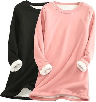 Generic Lot de 2 sweats doubl&eacute;s en polaire pour femme - Grande taille - D&eacute;contract&eacute; - Col rond - Chaud - Thermique - Pull long - Automne et hiver - Tenue quot