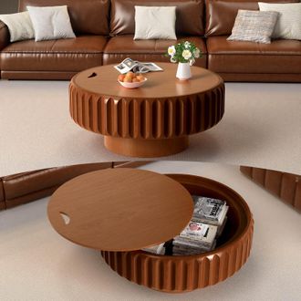 Generic Runder, geriffelter Couchtisch mit Stauraum f&uuml;r das Wohnzimmer, moderner, trommelf&ouml;rmiger Akzent-Teetisch mit Furnier, handgefertigtem Relief und stab