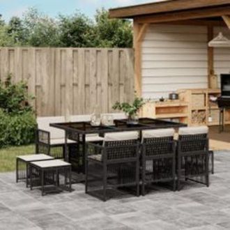 Les Tendances Ensemble &agrave; manger de jardin 11 pcs coussins noir r&eacute;sine tress&eacute;e