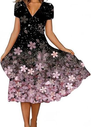 Ocean Plus Robe D&eacute;contract&eacute;e &agrave; Manches Courtes pour Femmes avec col en V et Grand Ourlet Jupe Imprim&eacute;e &agrave; Longueur Genou (L, Fleurs de Cerisier Roses)