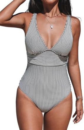 Cupshe Maillot de bain une pièce pour femme Bretelles larges Col en V froncé texturé côtelé dos torsadé, Noir/rayé, S