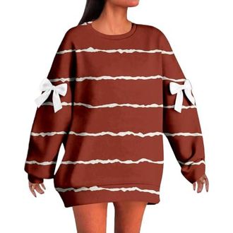 Generic Pull pour femme - Sweat-shirt &agrave; imprim&eacute; graphique avec noeud - Haut surdimensionn&eacute; - Col rond - Manches longues - Automne - Hiver - D&eacute;contract&eacute; - Conf
