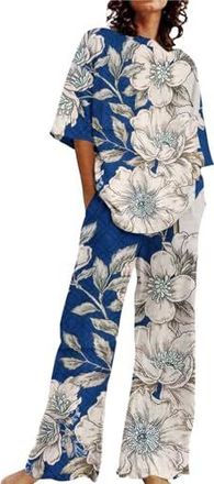 Generic Pyjama Femme Coton Sexy Pyjama Hiver Femme Chaud Tenues D Été pour Femmes Ensemble 2 Coton Et Lin T-Shirt Surdimensionné Pantalon à Jambe Droite Short