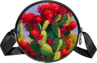 Generic Sac &agrave; bandouli&egrave;re rond pour femme, motif cactus rouge, petit sac &agrave; bandouli&egrave;re avec fermeture &eacute;clair, bretelles r&eacute;glables, sac &agrave; main rond d&eacute;contract&eacute;