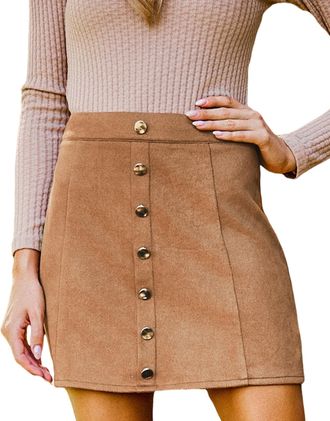 Cupshe Damen Rock Hoher Bund Metalkn&ouml;pfen Wildleder Minirock Kurz Freizeitrock Wildlederimitat High Waist Party Short Skirt, Karamellbraun, XL