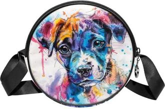 Generic Sac &agrave; bandouli&egrave;re rond rond pour femme, motif chiot graffiti, aquarelle, avec fermeture &eacute;clair, bretelles r&eacute;glables