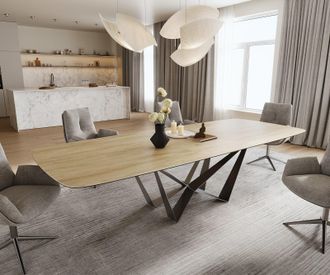 DELIFE Esstisch Edge Boot 240-300x120 cm Keramik Laminam Sabbia Eichefarbig Spider Flachstahl Edelstahl ausziehbar, Esstische