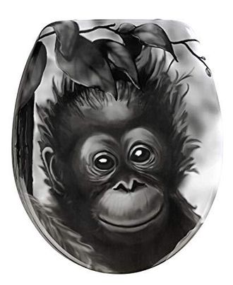 WENKO WC-Sitz Affe, Toilettensitz mit Hygienebefestigung aus rostfreiem Edelstahl, Toilettenbrille aus antibakteriellem Duroplast, 36,5 x 44,5 cm