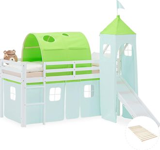 Homestyle4u Hochbett mit Rutsche Lattenrost 90x200 cm Wei&szlig;, Kinderbett aus Holz Kiefer, mit Turm Tunnel Vorhang Gr&uuml;n, Artikel 2977