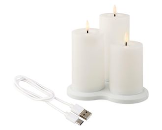 Lumineo LED Kerzen mit Timer 12,5-17,5cm Wachs 3er Set - Elektrische Stumpenkerzen - batteriebetrieben & über USB-C aufladbar - Wachskerzen flackernde Flamme 