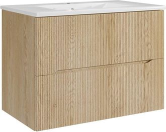 Vente-Unique Meuble de salle de bain suspendu stri&eacute; avec vasque &agrave; encastrer - Naturel clair - 80 cm - ORISO