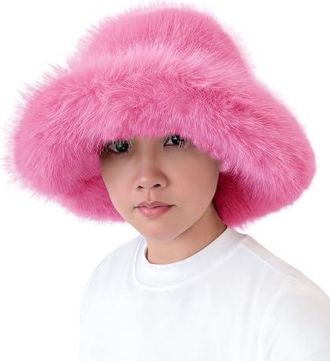 Lina & Lily Grand Chapeau Bob Hiver Femme à Larges Bords en Fausse Fourrure Poils Longs (Rose)