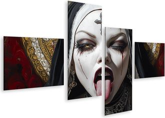 Islandburner Prime Bild auf Leinwand Unheimliche Nonne mit Kreuz auf der Stirn und herausgestreckter Zunge - Leinwand 150x80cm - 4 Teile
