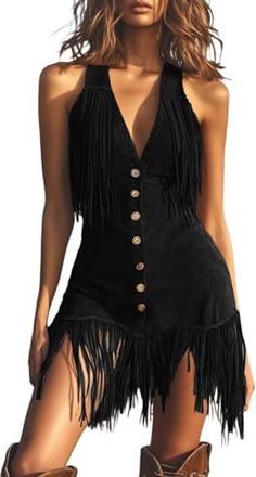 Generic Robe de cowboy chic à franges pour femme avec poches, épaules dénudées, robe de cowgirl vintage avec bordure en dentelle florale pour concert campagna